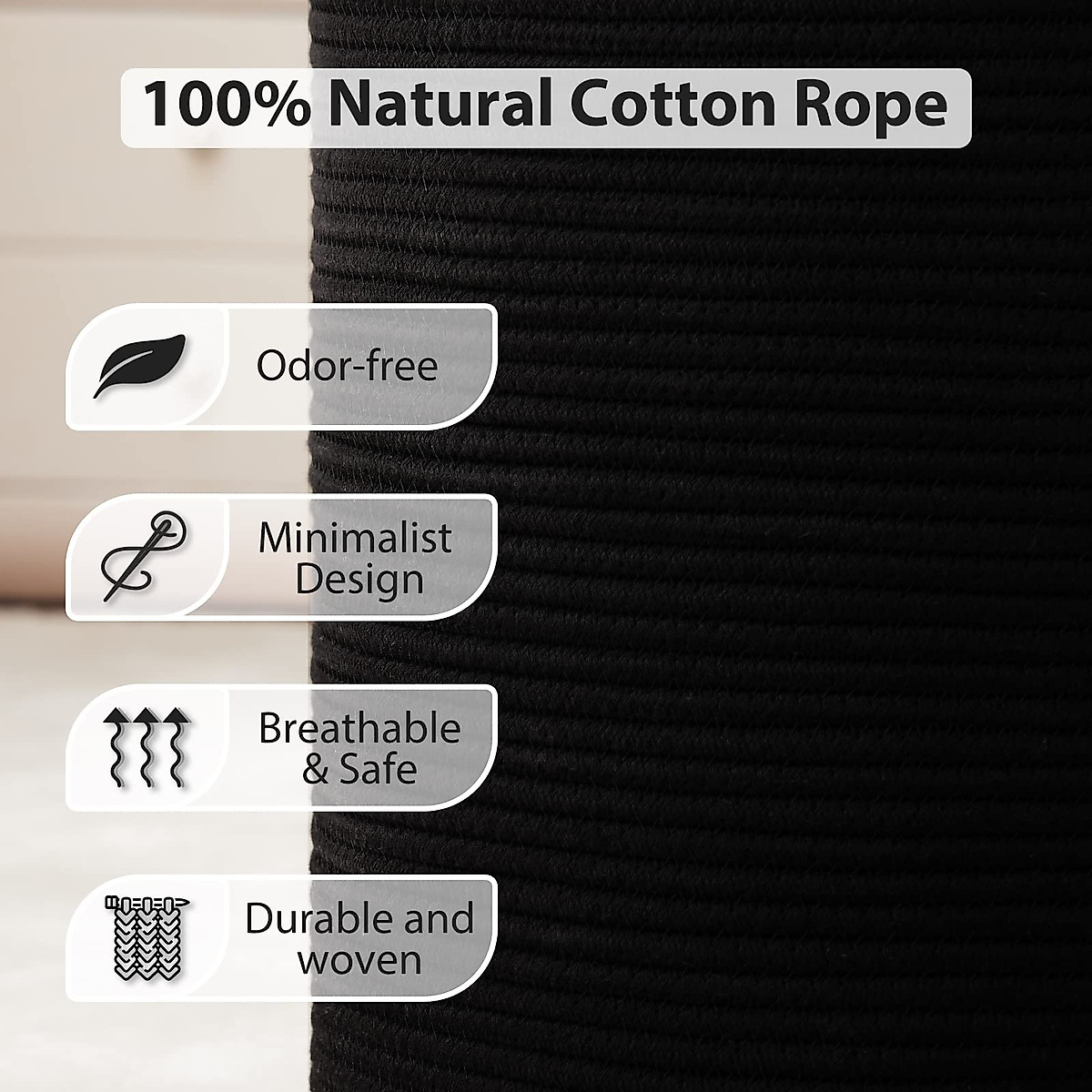 Fiona's magic Woven Rope Laundry Basket, 58L Tall Laundry Hamper for Blanket Storage, Large Baby Nursery Basket for Laundry, Decorative Clothes Hamper for Bedroom, Living Room and Bathroom, Black