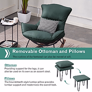 MCombo Modern Rocking Chair, Upholstered Glider Rocker Nursery Accent Chair with Ottoman, Comfy Reading Chairs for Living Room Bedroom Offices (Green)