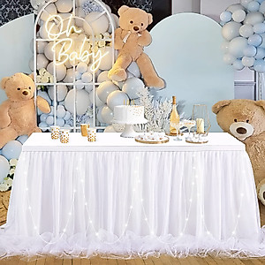 Tulle Table Skirt for Rectangle or Round Tables with LED Lights 9ft White Tutu Table Skirt for Wedding Bridal Shower Birthday Party Decorations
