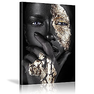 Black Woman Wall Art African American Wall Art Canvas Framed Black and Gold Women Portrait Canvas Print Artwork Black Art Wall Decor African Decorations for Living Room 12”x16”