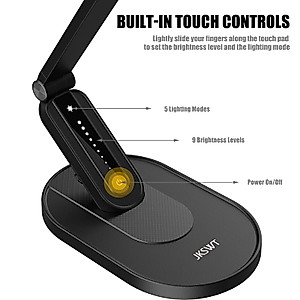 JKSWT LED Desk Lamp, Eye-Caring Table Lamps with 72 LED, 9 Brightness Levels, 5 Color Modes, USB Charging Port,Touch Control and Memory Function, 10W Reading Lamps for Home Office, Black