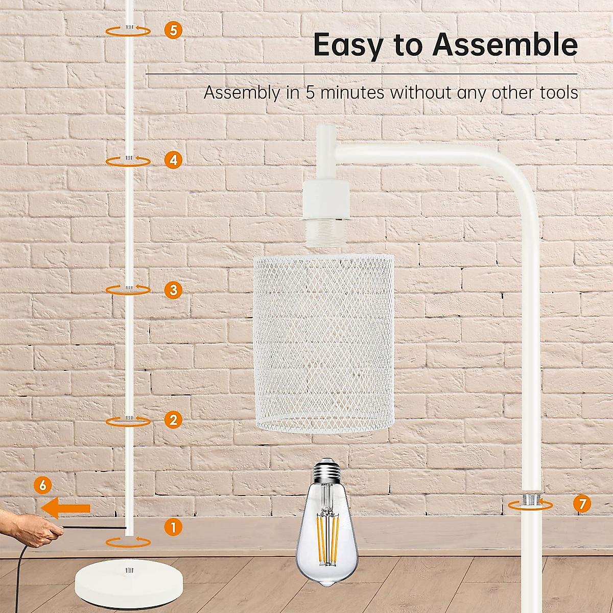 BoostArea White Industrial Floor Lamp, 67 Inch Modern Standing Lamp with Iron Mesh Lampshade, 6W LED Stand Up Lamp for Living Room, Bedroom, Office, Den