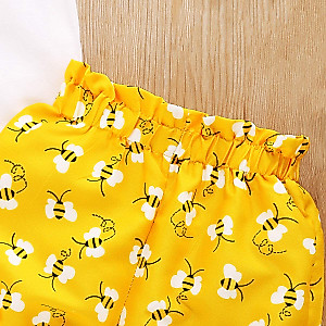 GRNSHTS Baby Girl One Birthday Outfits Honey Bee Ruffle Sleeve Romper+Bumble Bee Shorts+Headband 3Pcs Summer Clothes 12-18 Months