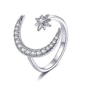 FUTIMELY Moon Crescent Star Ring for Women Adjustable Moon Sun CZ Statement Ring Dainty Crystal Crescent Finger Ring (Silver)