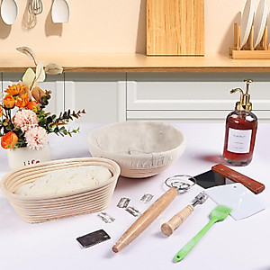 Lokeisna Bread Proofing Basket Set of 2, 10 Inch Round &Oval Cane Sourdough Proofing Basket with Bread Baking Supplies-Bread Lame, Danish Whisk, Bowl Scraper & Dough Scraper, Wonderful gift for Bakers