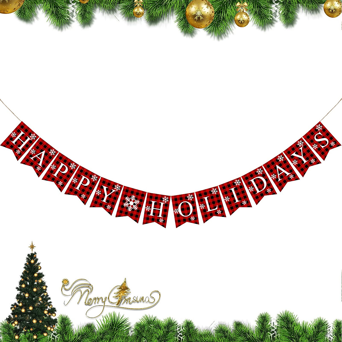 Plaid Happy Holidays Banner Burlap Christmas Rustic Bunting Banner for Christmas Hanging Decorations
