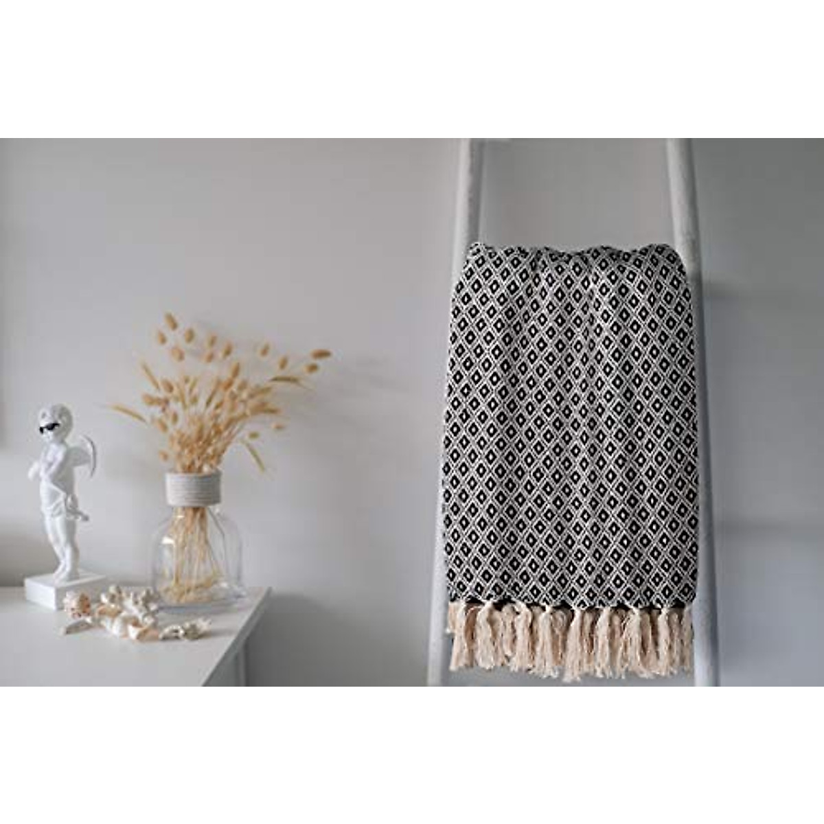 Throw Blanket for Couch in Black and White Mini Diamond 48" x 60" - All Seasons Lightweight Cozy Soft Blankets & Throws for Bed and Sofa - 100% Cotton with Fringe