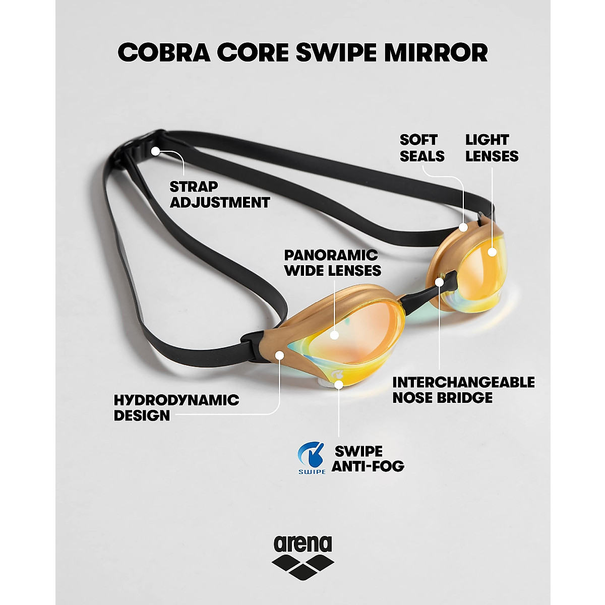 ARENA Unisex Cobra Core Swipe Anti-Fog Racing Swim Goggles for Men and Women Polycarbonate Mirror Lens, Aqua/Black