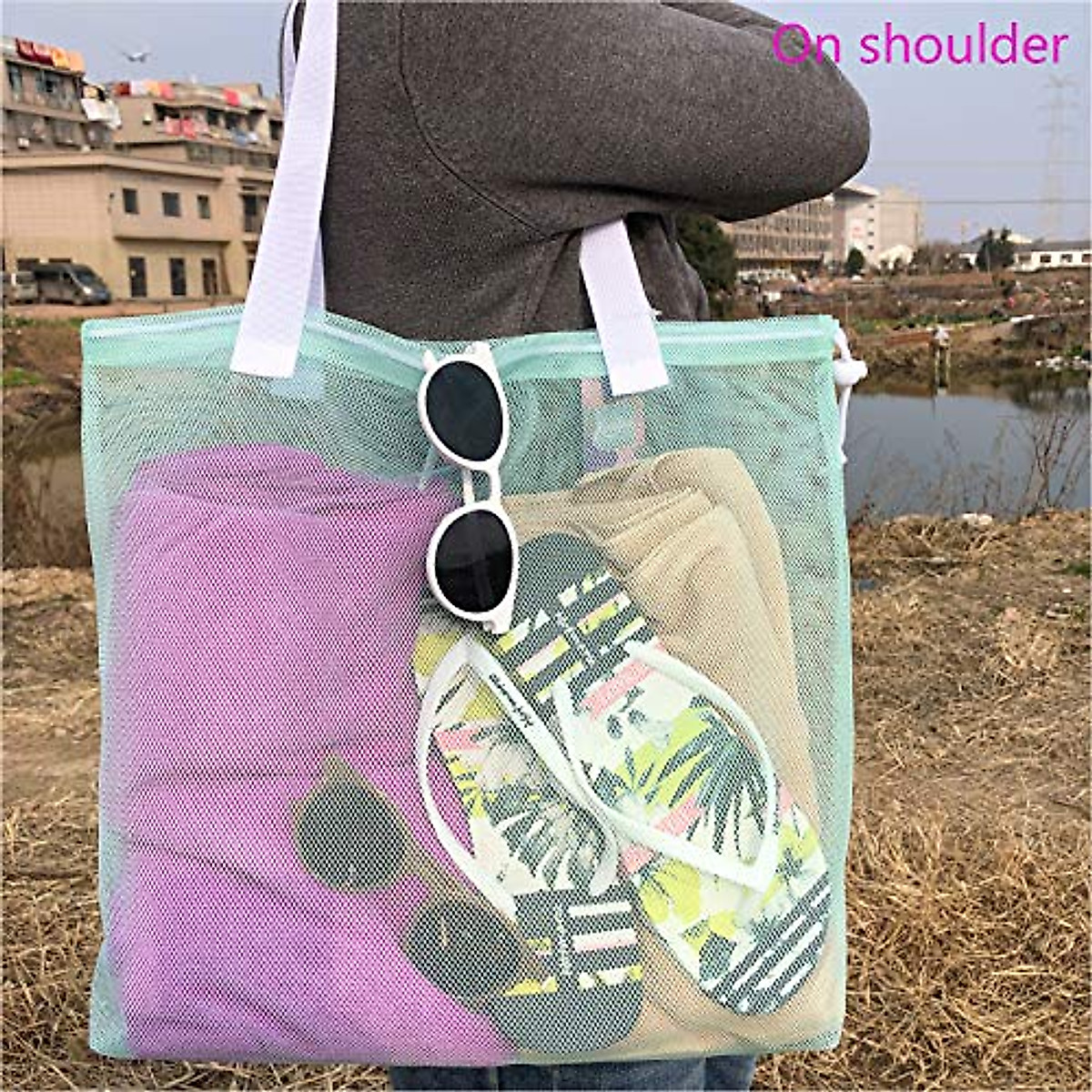 hsmyank Reusable 4Pack Colorful Mesh Beach Tote Bags,Pool Bag With Drawstring For Swim,Gift Or Laundry(WHITE HANDLE)