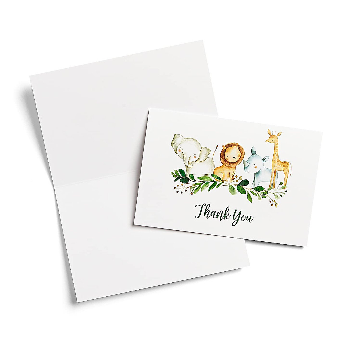 25 Safari Thank You Cards With Envelopes (Thick Card Stock) Baby Shower, Jungle Greenery Large Size 4x6 Zoo Animal Giraffe Lion Elephant Gratitude For Party, Girl Boy Children Birthday Stationery