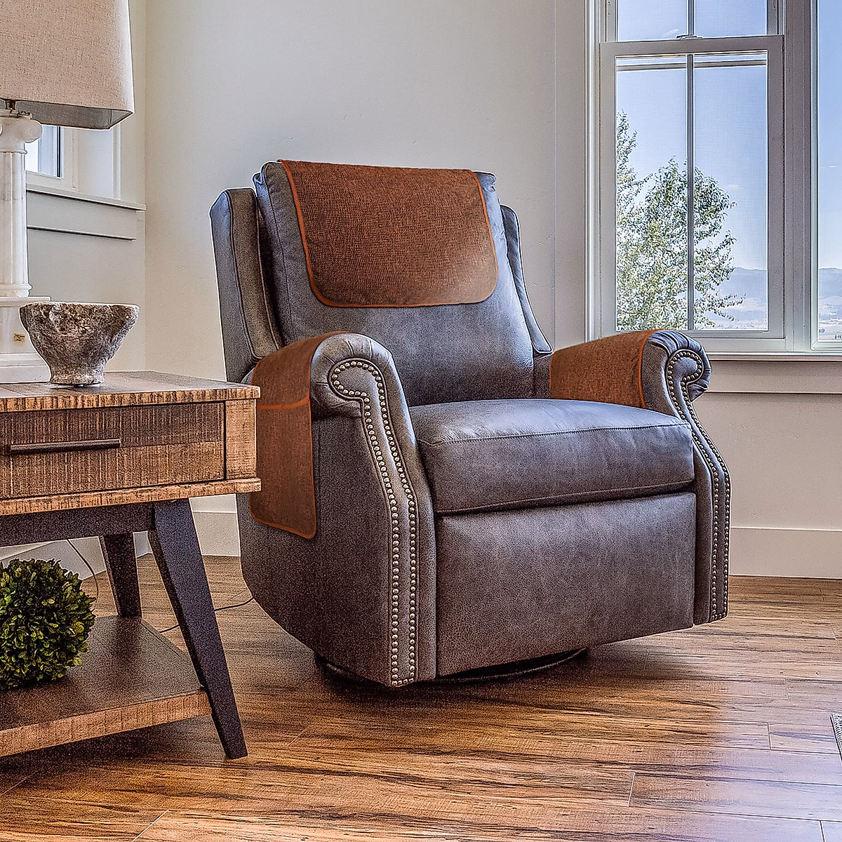 Tradder 3 Pcs Recliner Slipcovers Recliner Headrest Protector Arm Chair Arm Covers with Pockets Headrest Cover for Recliner 22.8 x 14.6 Inch Recliner Chair Covers for Couch Sofa Furniture (Linen)