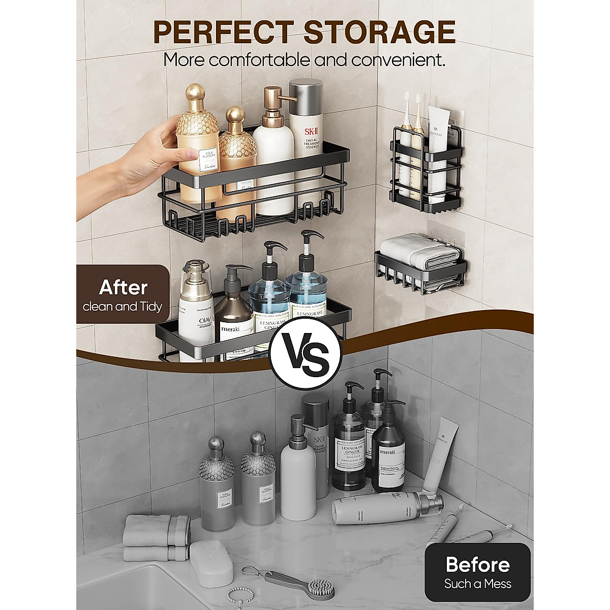 Cobbe Adhesive Shower Caddy 5-Pack, Large Wall Mounted Shower Shelves Rack, Organizer Storage Accessories with Soap Dish&Toothbrush Holder, Shelves for Bathroom Storage & Home Kitchen Decor, Black