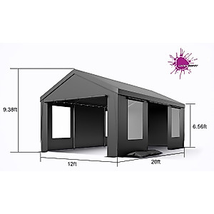 Luckyberry 12'x 20' Heavy Duty Carport Portable Tent,Waterproof，UV-Protection Carport Garage with Removable Sidewalls & Doors for Quick-Setup Carport Car, Truck, Boat with All-Season Tarp, Grey