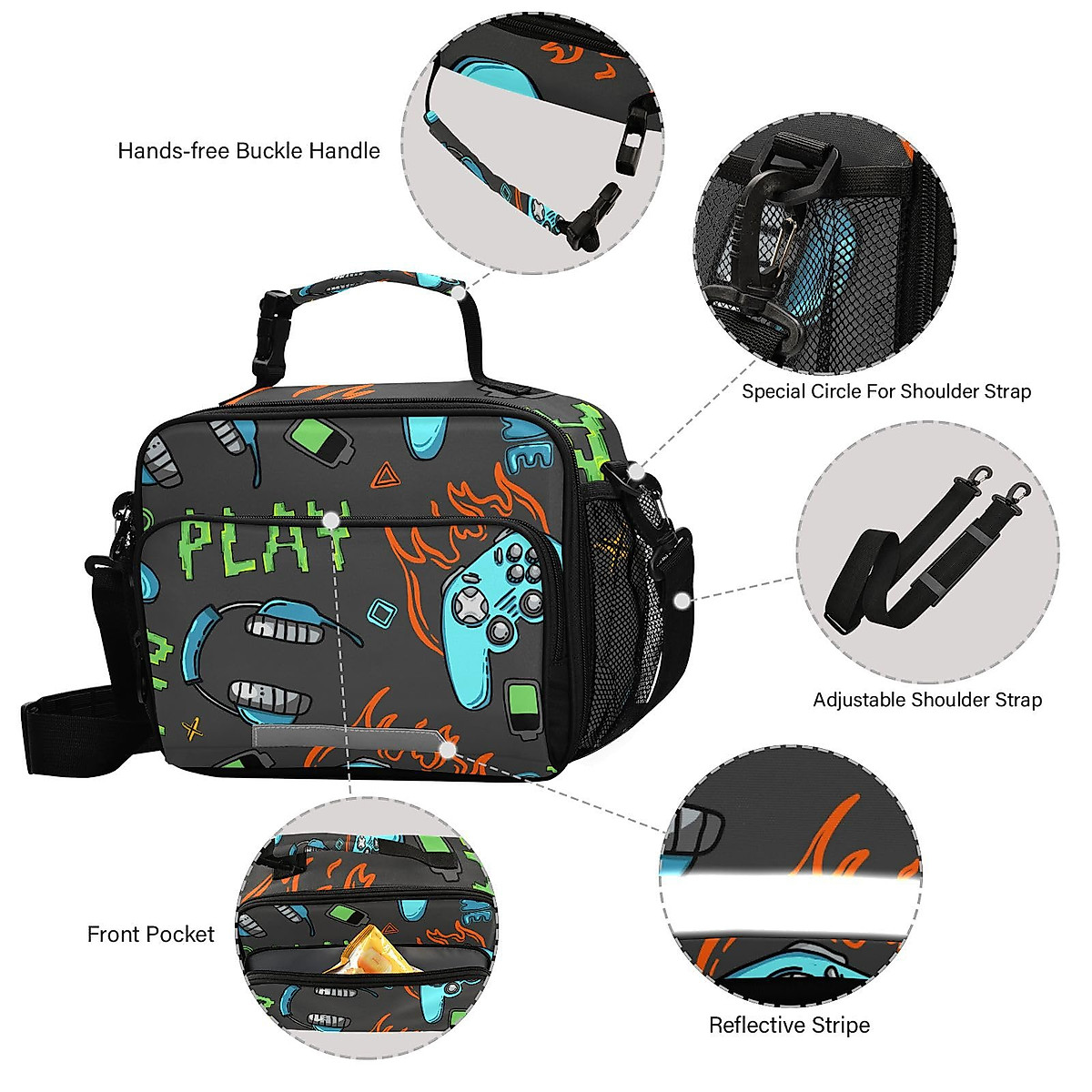 Gamepad Joysticks Headphones Lunch Bag for Women Men Game Theme Insulated Cooler Tote Bag with Adjustable Shoulder Strap Large Capacity Reusable Leakproof Picnic Lunch Box Outdoor for Adult Office