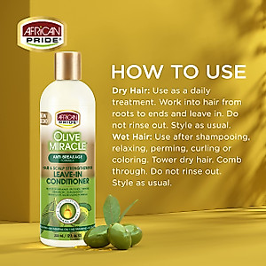 African Pride Olive Miracle Leave-In Conditioner (3 Pack) enriched with olive oil and tea tree to seal in moisture and prevent breakage. 12oz.