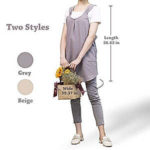 Aoipend Japanese Apron for Women with 2 Roomy Pockets Linen Cross Back Aprons Cute Pinafore Dress For Kitchen Cooking Baking Work Gardening Painting Crafting Grey (Grey)