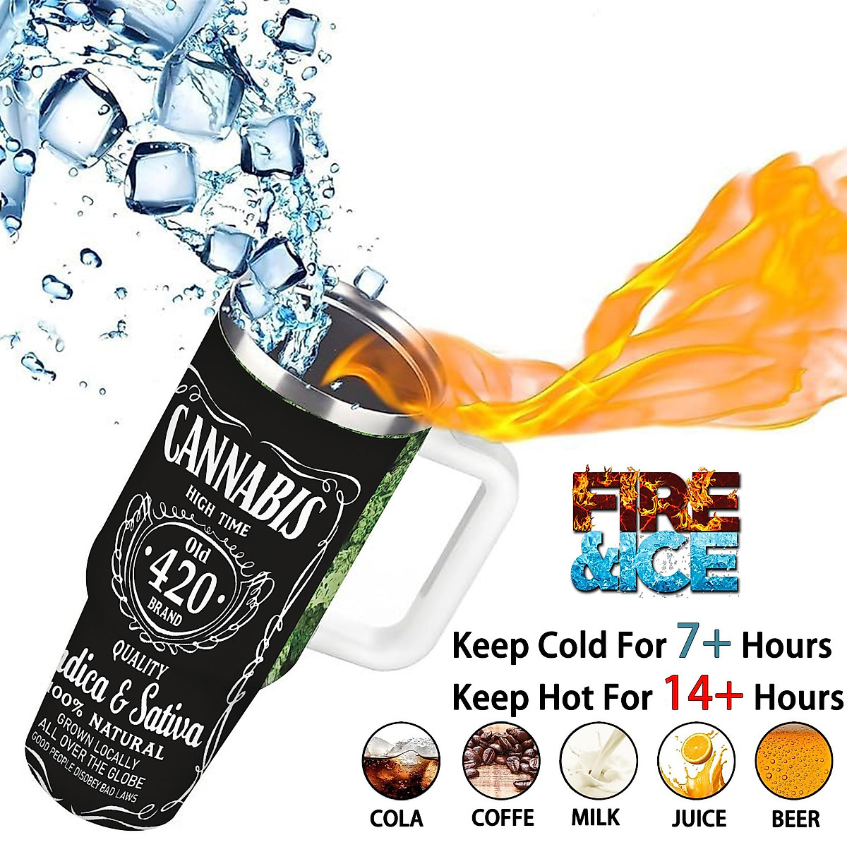 FOCIUZTA 40oz Tumbler with Lid, Insulated Cup, Travel Coffee Mug, Perfect Gift for Easter, Father's Day, Mother's Day, Birthday, Cannabis 420 Weed Design