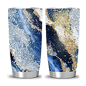 WOMHOPE 20 oz Tumbler Insulated with Lid Stainless Steel Thermos Cofe Milk Beer Travel Mug Double Wall Marble(Sandy dark blue)