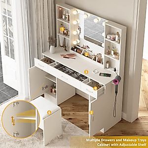 Vabches Makeup Vanity Table with Lighted Mirror & Power Strip, Large Vanity Set Vanity Desk with Lots Storage, 3 Lighting Modes, Brightness Adjustable, 45.2in(L)