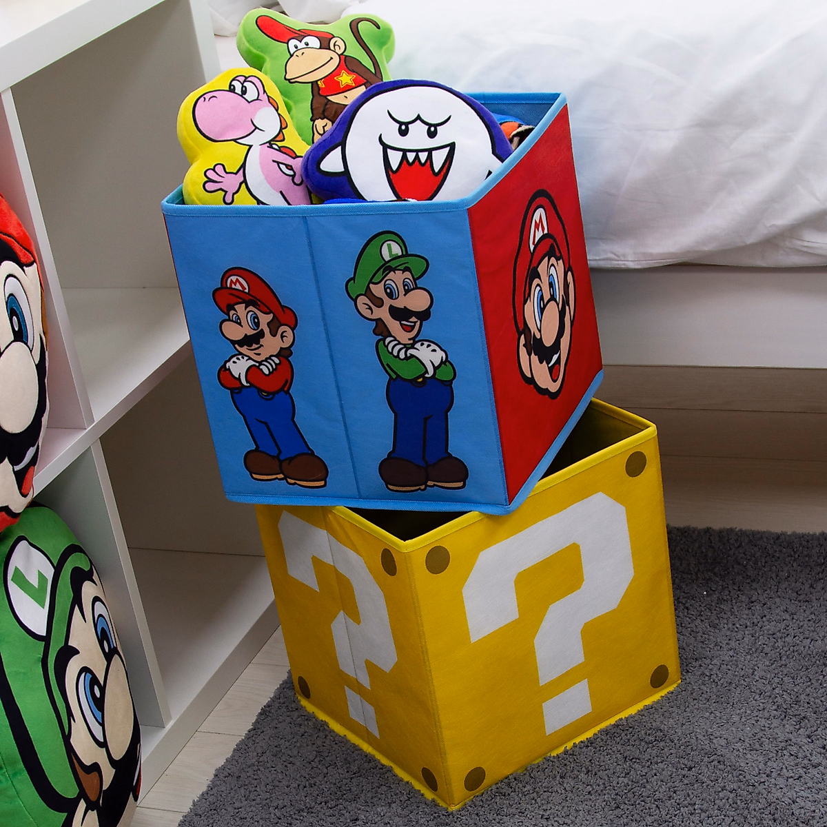 Nintendo Super Mario Officially Licensed Storage Boxes | 2 pack Foldable Storage Cubes Faces Design with Mario and Luigi | Perfect For Organising Children's Room, Kids Playroom, 30 x 30cm