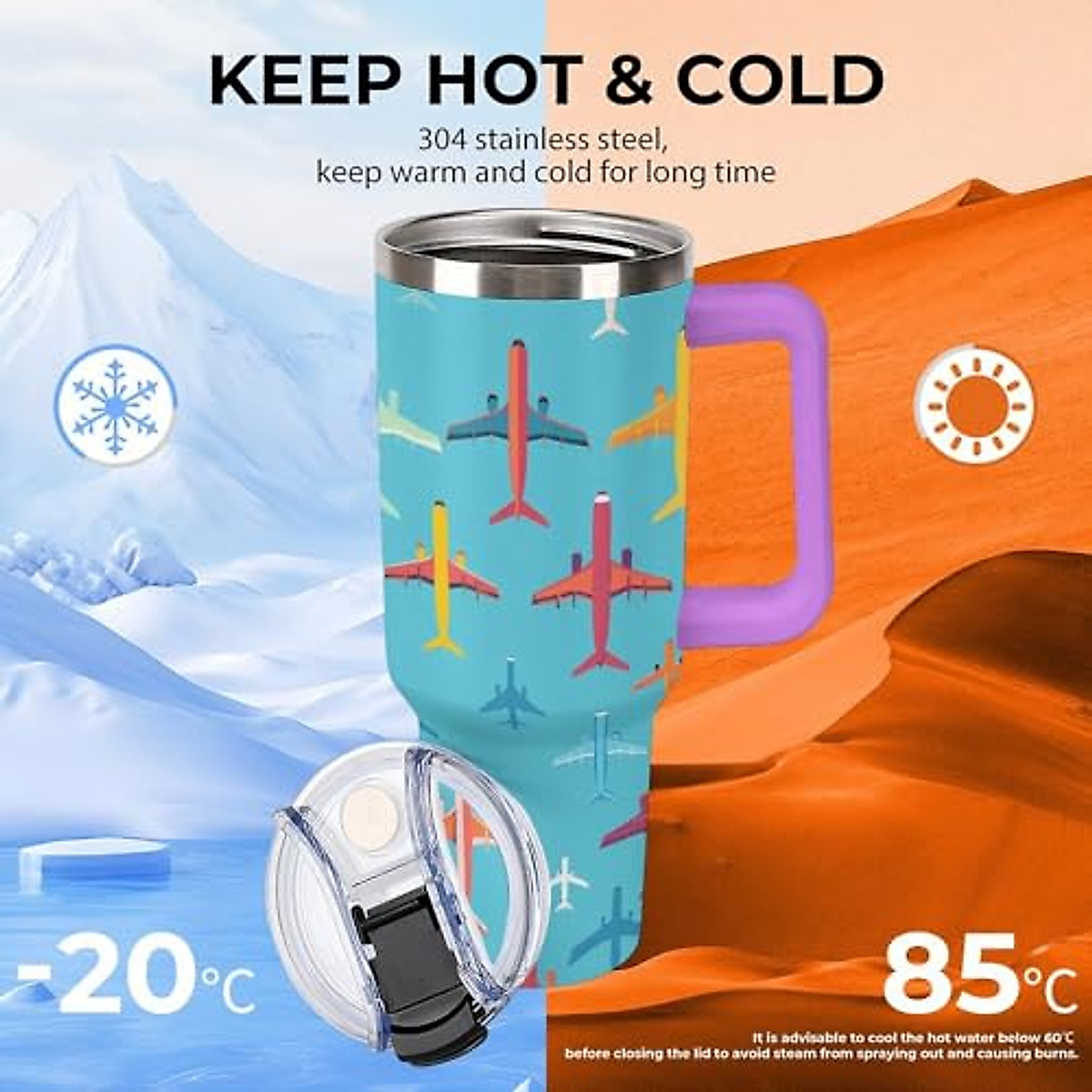 Colorful Airplanes Insulated Tumbler with Lid And Straw Stainless Steel Travel Coffee Mug 40oz Violet-style