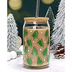 Nefelibata Christmas Cup with Bamboo Lid and Metal Straw 16oz Xmas Tree Beer Can Glass Iced Coffee Cups Drinking Glasses Smoothie Tumbler Mug Winter Holiday Party Gifts for Office Women Kids Men