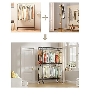 DEKYHOME Portable Closet, Clothing Rack with Storage Shelves, 3 Tiers Adjustable Wire Heavy Duty Rolling Garment Rack, Freestanding Closet Organization Systems with Double Rods and Side Hooks