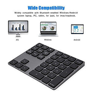 Numeric Keypad, Rechargeable Aluminum Alloy 34 Keys Mini Bluetooth Numpad, Slim External Numpad Keyboard Data Entry Support Windows, iOS, Android System