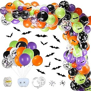 Auihiay 155 Pieces Halloween Balloon Garland Arch Kit Include Black Orange Purple Latex Balloons, Confetti Balloons, Spider Web, 3D Bats for Halloween Party Background Classroom Decoration