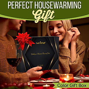 NutriChef Bamboo Natural Cheese Board Set with Bonus Condiment Cup-Extra Large Size 100% Home Organic Wooden Plate and Charcuterie Tray with 4 pcs Cutting Knife Slicer, 13" Round