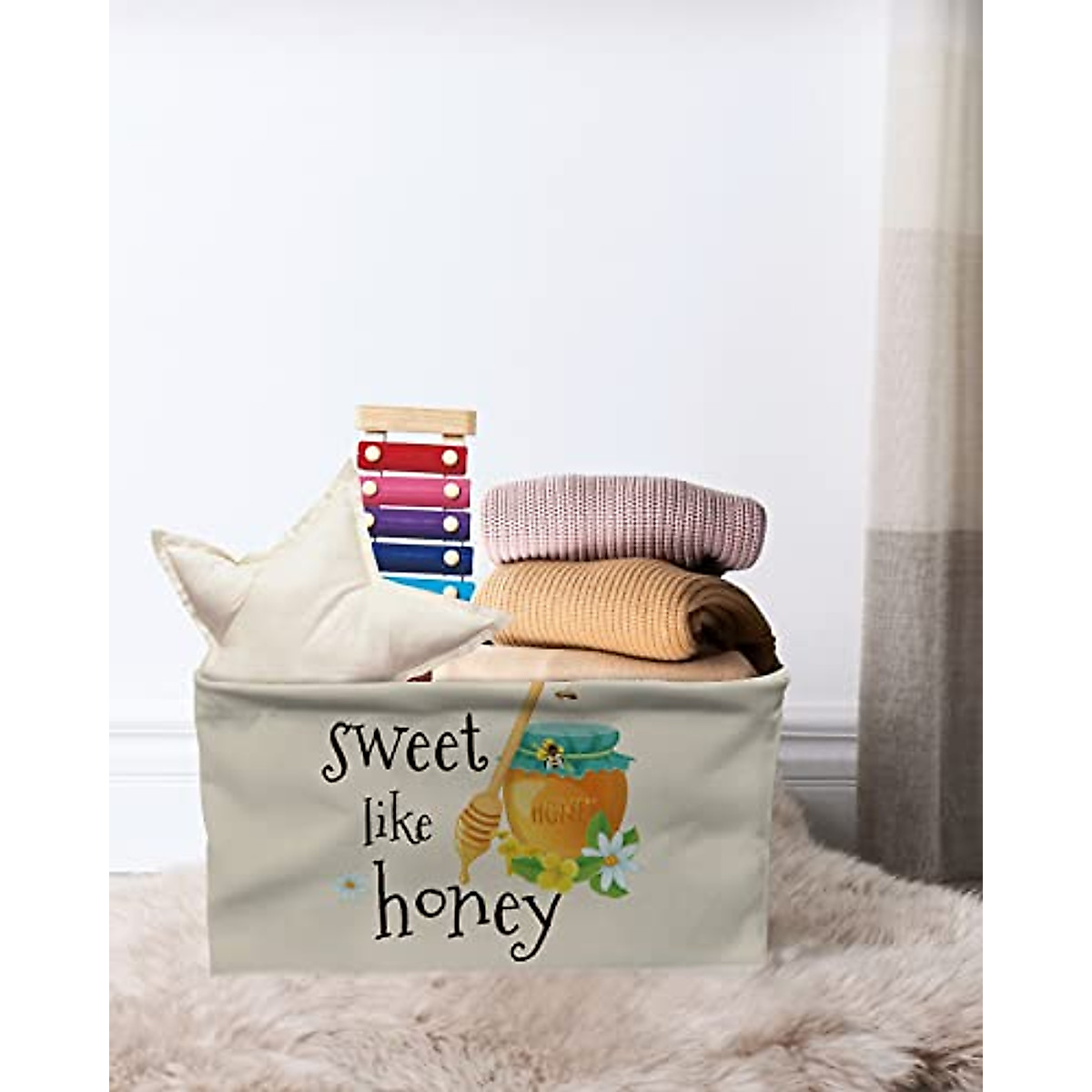 Storage Bins Large Storage Basket,Country Honey Cute Bee Collapsible Storage Bins with Handle,Plant Flower Leaf Storage Baskets Cube Organizer for Shelves Closet Nursery