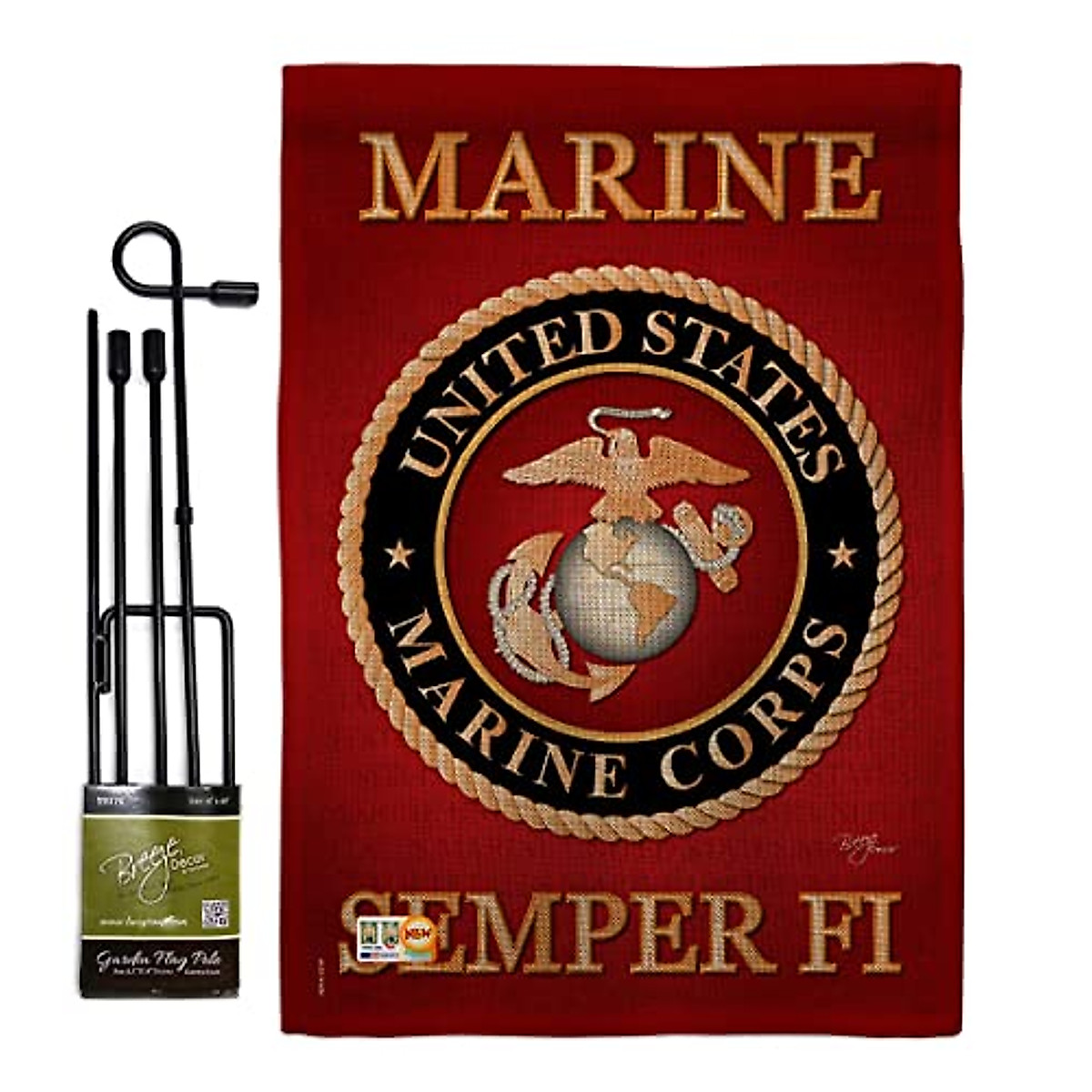 Marine Corps Burlap Garden Flag Set with Stand Armed Forces USMC Semper Fi United State American Military Veteran Retire Official Small Gift Yard House Banner Double-Sided Made In USA 13 X 18.5