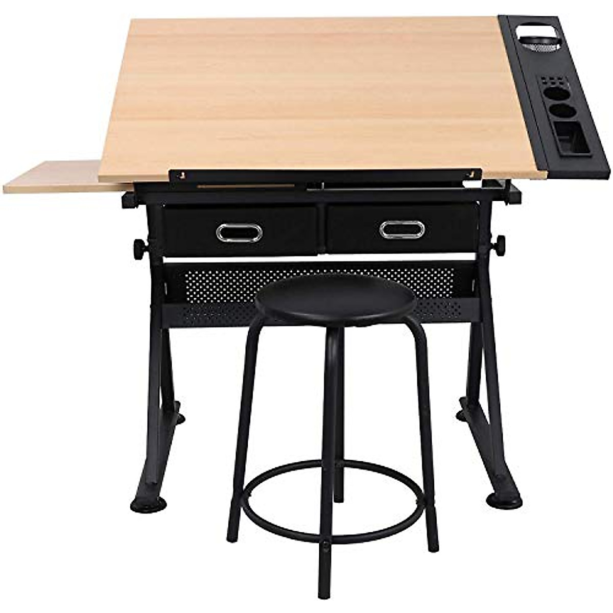 HomGarden Height Adjustable Drafting Desk Drawing Table Art Craft Work Station w/Stool, Storage Drawers for Drawing, Reading, Writing