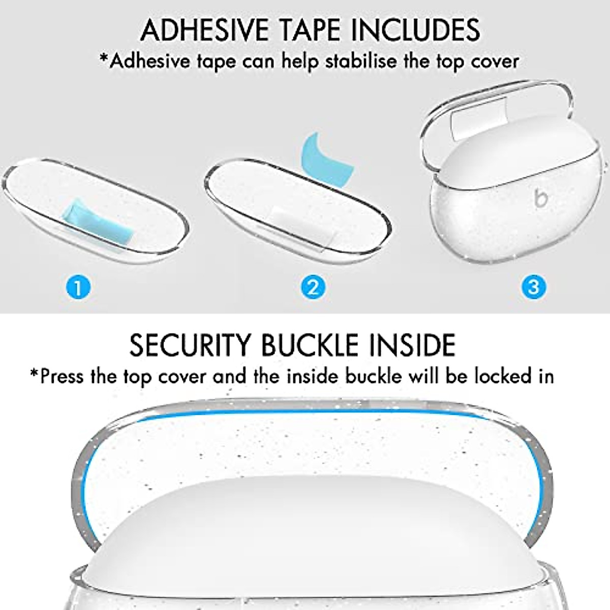 NIUTRENDZ Clear Case for Beats Studio Buds Case Soft TPU Protective Cover with Carabiner Compatible with Beats Studio Buds (Glitter Clear)