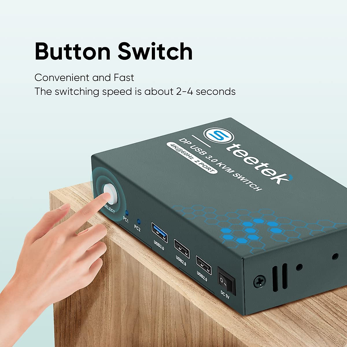 Steetek 2 Port DP USB 3.0 KVM Switch 4K@60Hz, KVM Switch Displayport 2 in 1 Out, KVM Switch for 2 Computer Share 1 Monitor and USB 3.0 Hub, Button Switch, with 2 DP and 2 USB 3.0 Cable