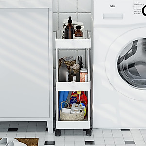 OTK Storage Cart 3 Tier Mobile Shelving Unit Organizer, Utility Rolling Shelf Cart with Wheels for Bathroom Kitchen Bedroom Office Laundry Narrow Places, White