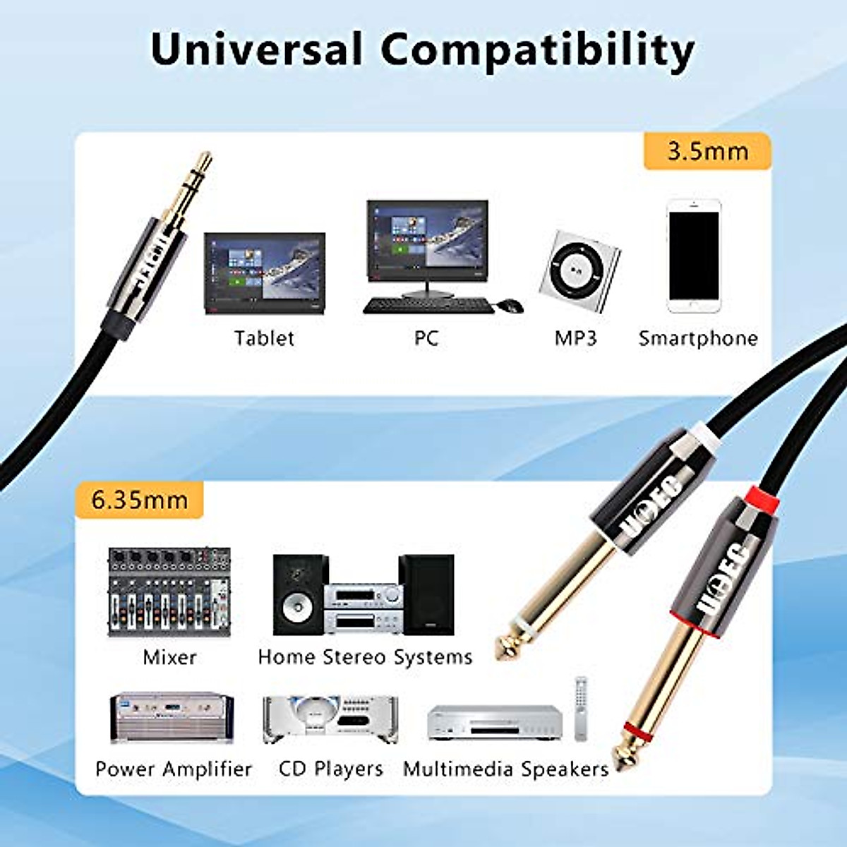 UCEC 10FT/3M 3.5mm 1/8" TRS to Dual 6.35mm 1/4" TS Mono Y-Cable Splitter Cord with Zinc Alloy Housing for iPhone, iPod, Laptop, CD Players, Power Amplifier, Multimedia Speakers, Home Stereo Systems