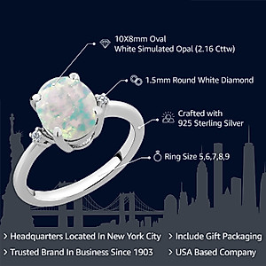 Gem Stone King 925 Sterling Silver Cabochon White Simulated Opal and White Diamond 3-Stone Engagement Ring For Women (2.16 Cttw, Available In Size 5, 6, 7, 8, 9)