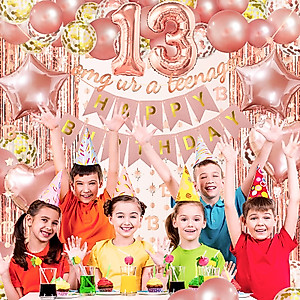 ZERODECO Rose Gold Birthday Party Decorations 13th, Happy Birthday Banner Fringe Curtain 13 Garland Heart Star Foil Confetti Balloons for Women Girls Queen Princess Birthday Party