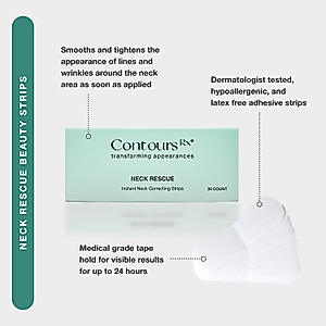 Contours Rx Neck Rescue - Anti-Aging Neck Strips for Crepey Skin - Tighten, Lift and Firm Fine Lines and Wrinkles - Long Lasting Treatment - Organic, Hypoallergenic, Latex Free (30 Count)