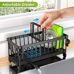 PKBD Kitchen Sink Caddy, Rustproof 304 Stainless Steel Sponge Holder for Kitchen Sink with Removable Drain Tray, Towel Holder and Brush Drainer Rack, Kitchen Organiser for Sink Tidy, Black