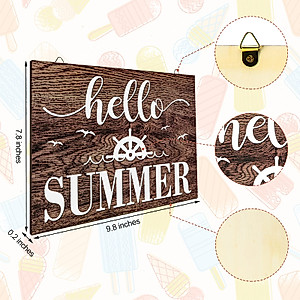 Jetec Hello Summer Wooden Sign Wooden Farmhouse Sign Home Rustic Front Door Decoration Wood Hanging Sign Wall Decor, 9.8 x 7.8 x 0.2 Inch