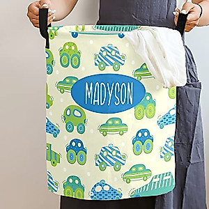 Personalized Laundry Basket with Name Custom Laundry Hamper for Boys Collapsible Durable Toys Organizer Storage Round Baskets Nursery Bedroom Decor (Car 01)
