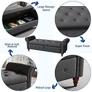 HANLIVES 63" End of Bed Bench,Button Tufted Storage Bench for Bedroom,Rolled Armed Linen Fabric Upholstered Window Bench Seat,Ottoman Bench with Solid Wood Legs for Entryway Living Room(Dark Grey)