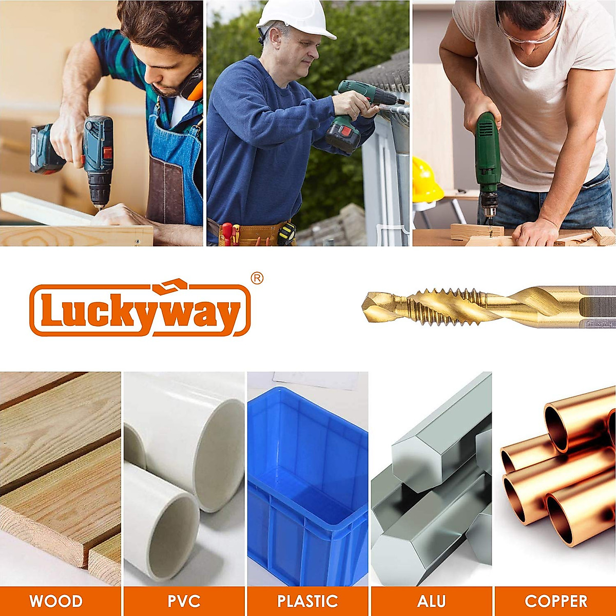 Luckyway 7-Piece Combination Drill and Tap Bits with Quick-Change Adapter, 3-in-1 Titanium Coated Screw Tapping Bit Tool for Drilling, Tapping, Countersinking