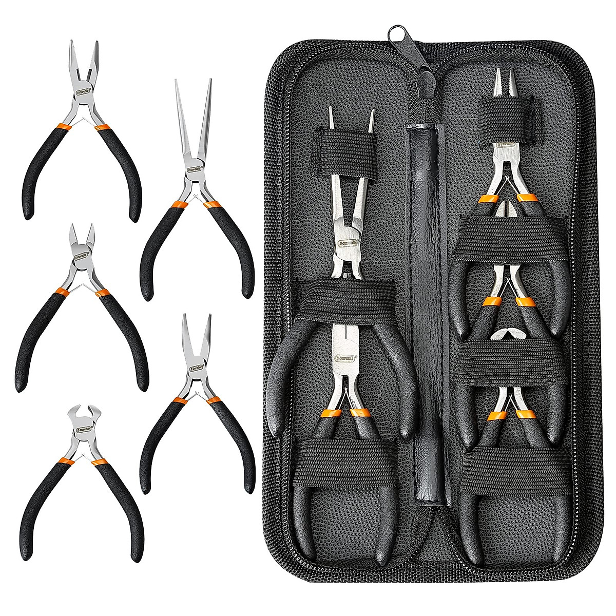 SOONAN 5 Pieces Mini Pliers, Long Lasting Tool Set Cable Cutters – Long Needle Nose, Long Nose, Nipper Bent Nose, End Cutting, Diagonal Cutting, Precision Pliers Set