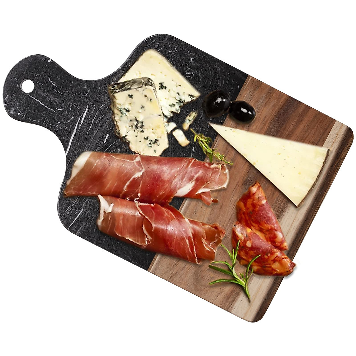 Coloch Marble and Acacia Wood Cutting Board, Black Charcuterie Chopping Board with Handle, Decorative Serving Board for Cheese, Steak, Bread, Fruit