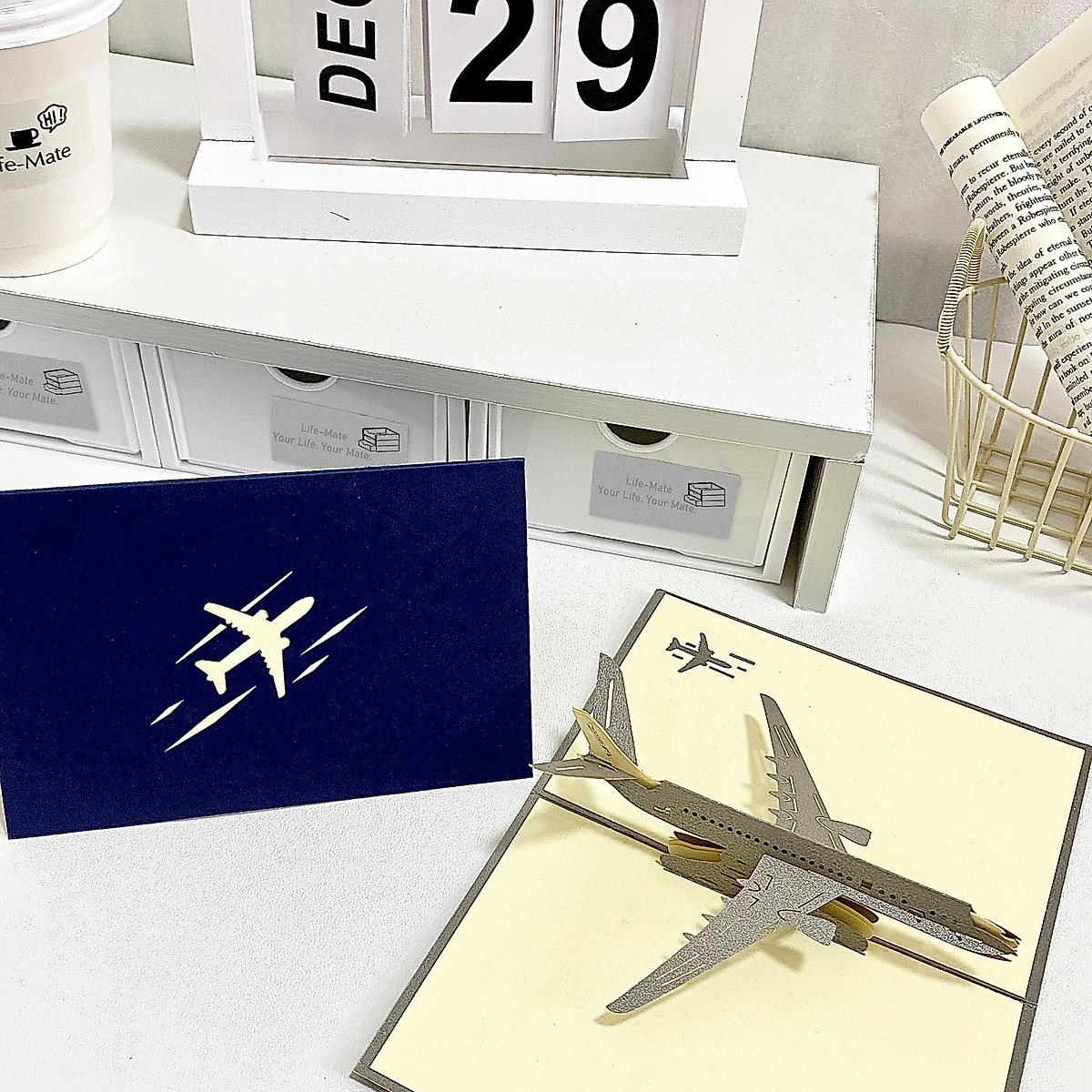 Life-Mate Airplane Pop Up Card, 3D Popup Greeting Cards with Envelope Aircraft for Travel Birthday Graduation Gift Men (Blue)