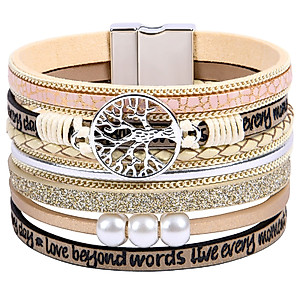 Aucuu Inspirational Tree of Life Leather Bracelets for Women, Leather Wrap Bracelets for Teen Girls, Valentine's Day Mother's Day Birthday Jewelry Gifts for Women （Light Brown）