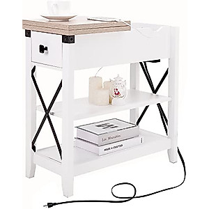 Awescuti Narrow End Table with Charging Station Farmhouse Slim Side Table with USB Ports and Power Outlets, Nightstand with Flip Top and Storage Drawer, for Small Spaces Living Room Bedroom, White